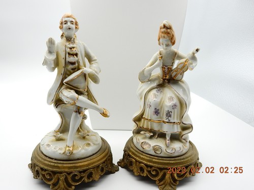 Vintage White Gold Porcelain Man/Women Pair On Brass Base | eBay