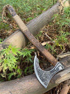 Beautiful Custom Handmade Engraved Axe Hand Forged Viking Bearded Axe ...