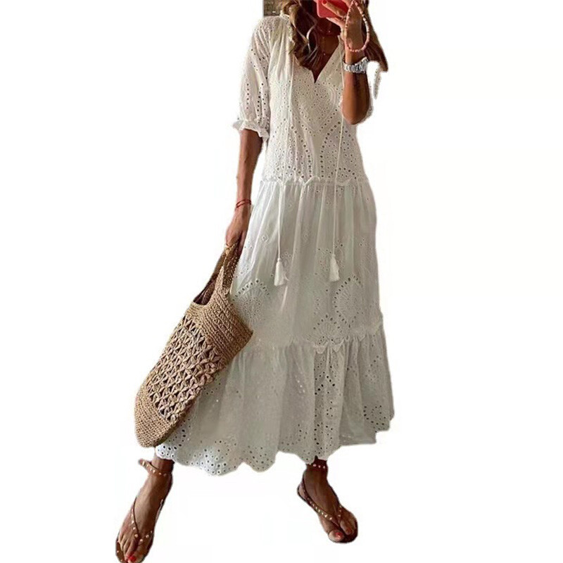 Womens Summer Boho Lace Maxi Dress Ladies V Neck Casual Holiday Long ...