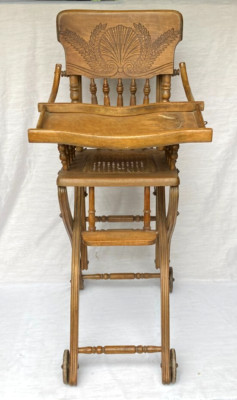 Antique Wooden Oak Cane Convertible Mechanical Baby High Chair & Rocker ...