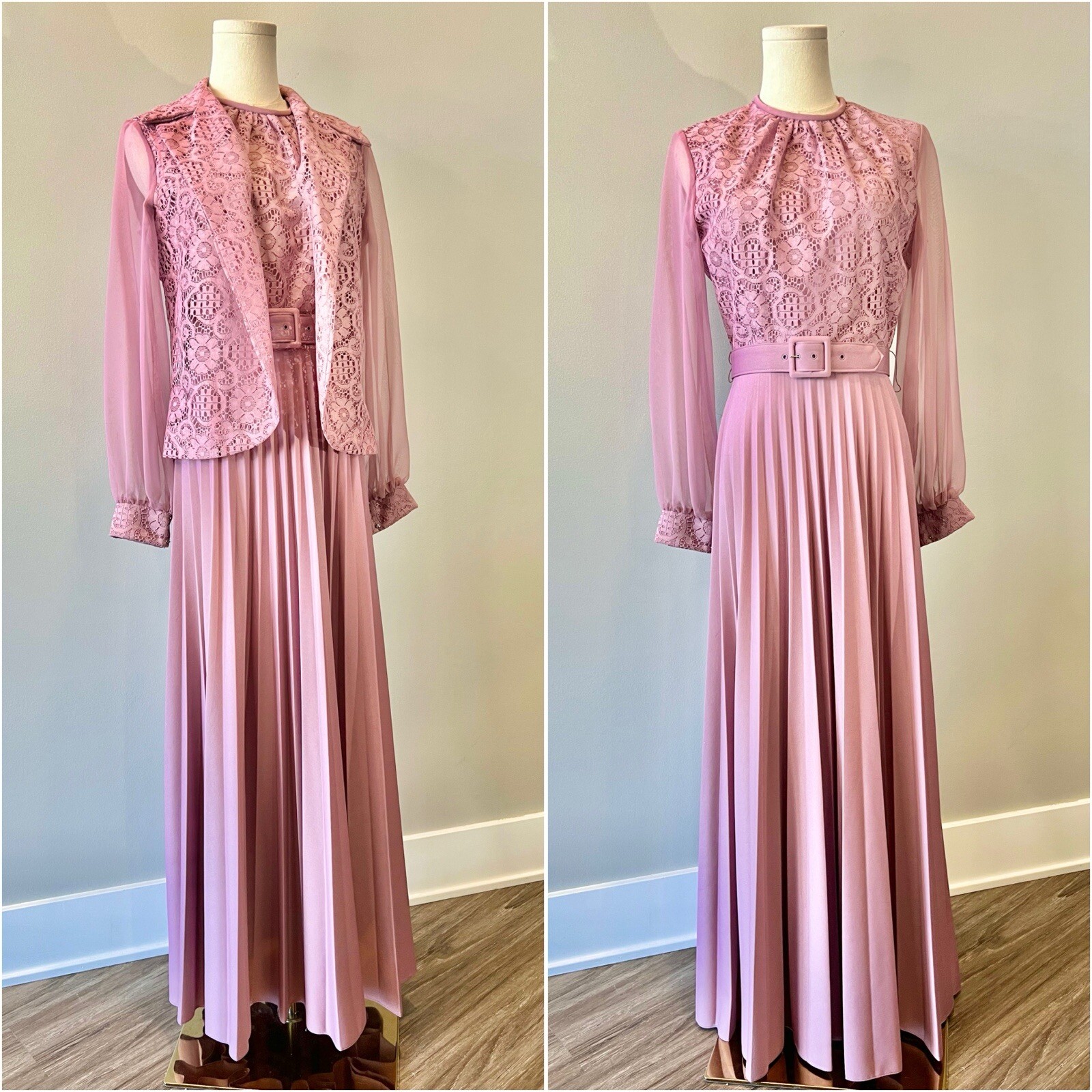 Vintage 1970s Dress Set Vest Lace Belt Purple Pink Gr… - Gem