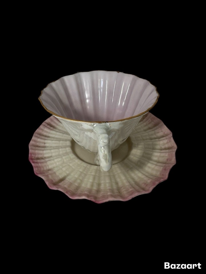 Antique Belleek Neptune Pink Tea Cup Saucer Shell Feet/Shape, Black ...