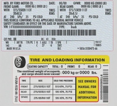 Ford SET VIN, 3M Manufacturing Tire Pressure VIN Stickers and Laminated ...