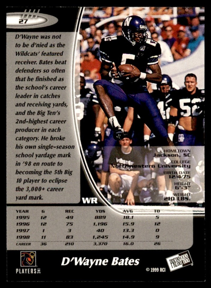 1999 Press Pass D'Wayne Bates Rookie Northwestern Wildcats #27 | eBay
