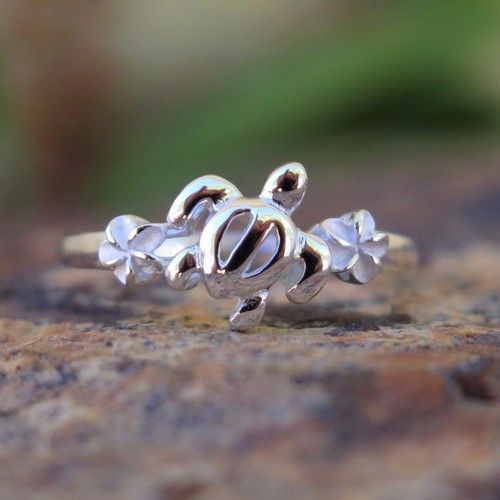 Hawaiian Sterling Silver Honu Turtle Two Plumerias Wedding Ring Band ...