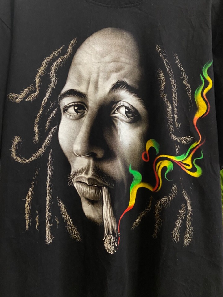 Vintage Bob Marley T-shirt Big Face Smoking Band Tee Black Color Size L ...