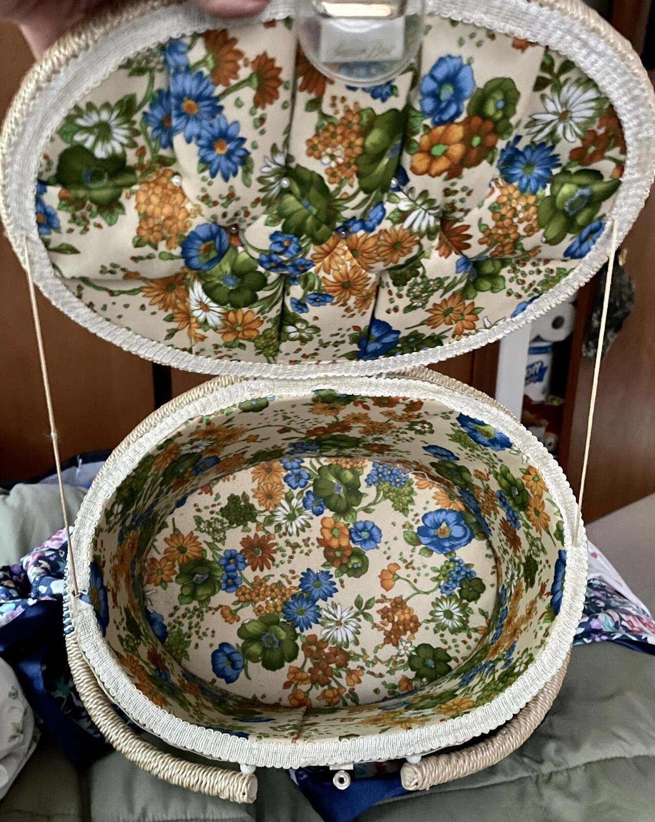 Wicker Floral Sewing Basket VINTAGE Sears Best Korea Made HAS INNER ...