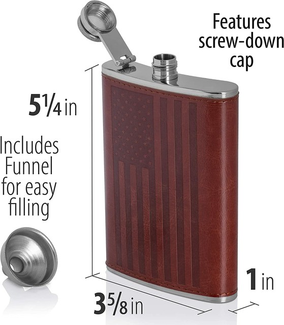 Maxam Stainless Steel Flask With Embossed Flag Wrap-8 oz w/Funnel for ...