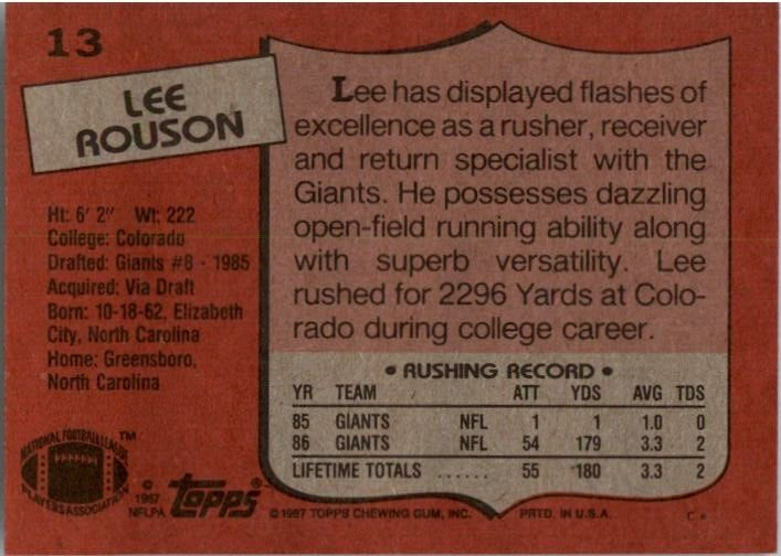 1987 TOPPS Football Card #13 🤩 LEE ROUSON, New York Giants - Running ...