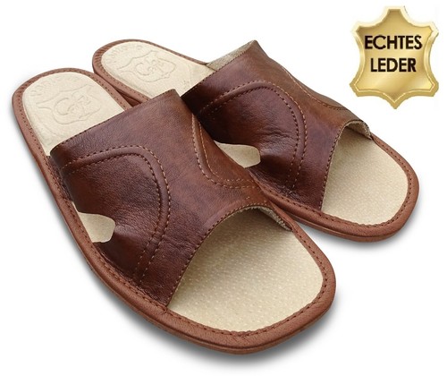 Herren LEDER Hausschuhe Pantoffeln Schlappen Latschen Braun Gr.41-47 | eBay