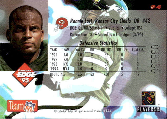 Ronnie Lott 1995 Collector's Edge #94 Nitro 22K Kansas City Chiefs | eBay