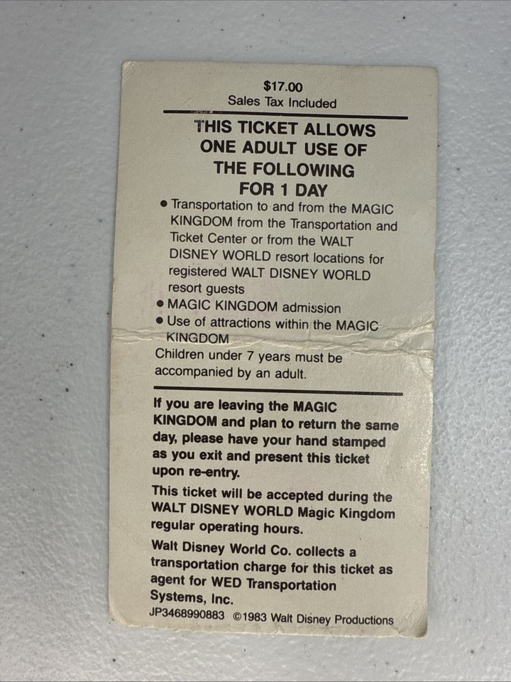 Walt Disney World Magic Kingdom Ticket 1983 | eBay