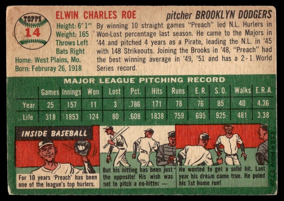 1954 Topps Preacher Roe Brooklyn Dodgers #14 | eBay