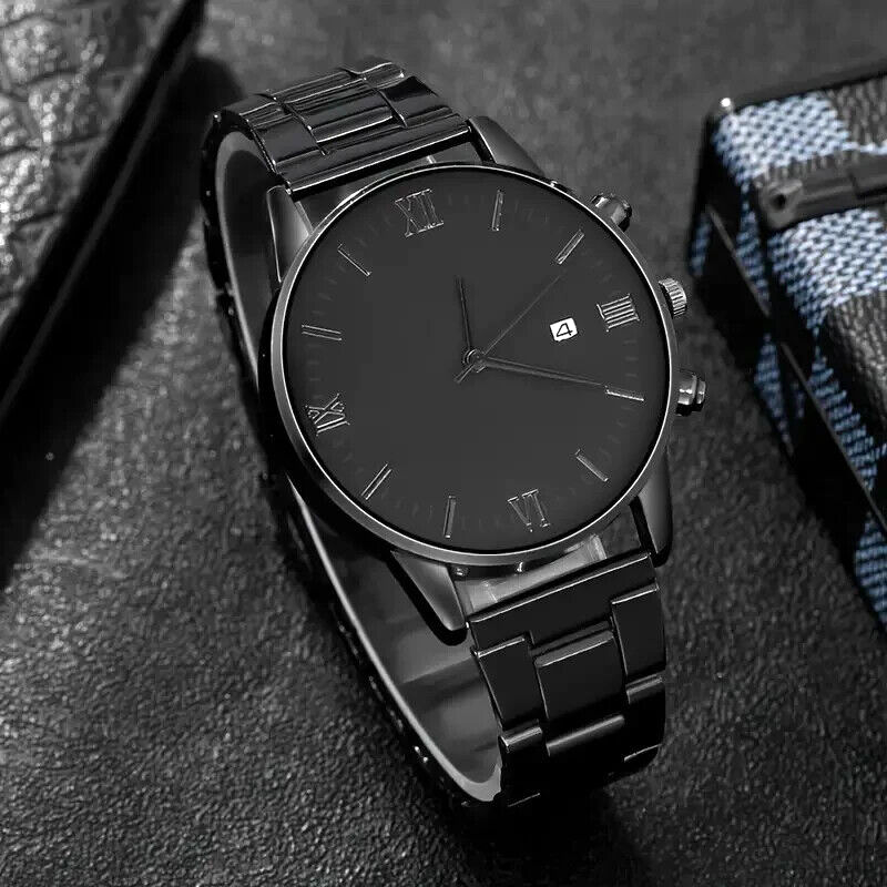 4Pc Fashion Black Quartz Watch Necklace Bracelet Ring Set Men Holiday ...