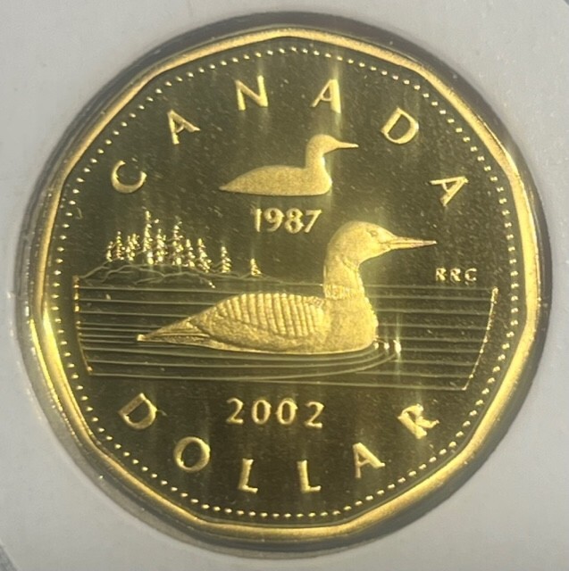 2002 CANADA $1 LOONIE * 22K GOLD PLATED PROOF * DOUBLE DATE * CENTER ...