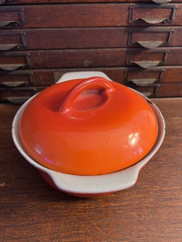 Orange Prizer Ware Cast Iron Enamel Casserole w Lid 1 Qt - Handles Vtg ...