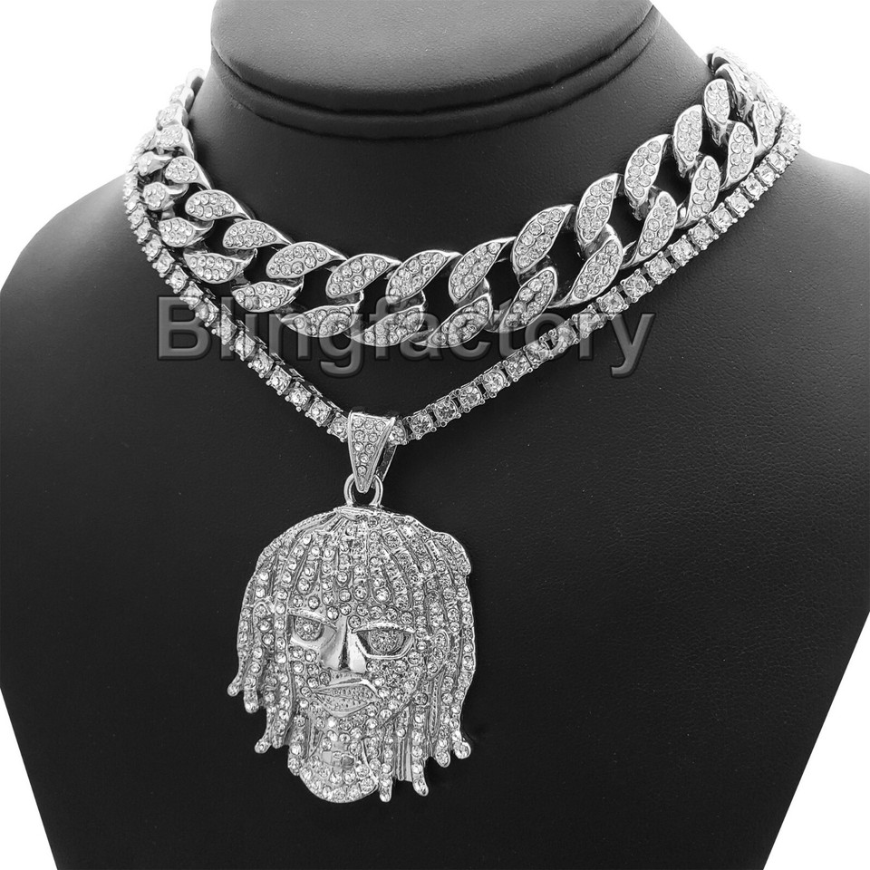 Lil Pump Portrait pendant & 18" Full Iced Cuban & 1 Row Diamond Choker ...