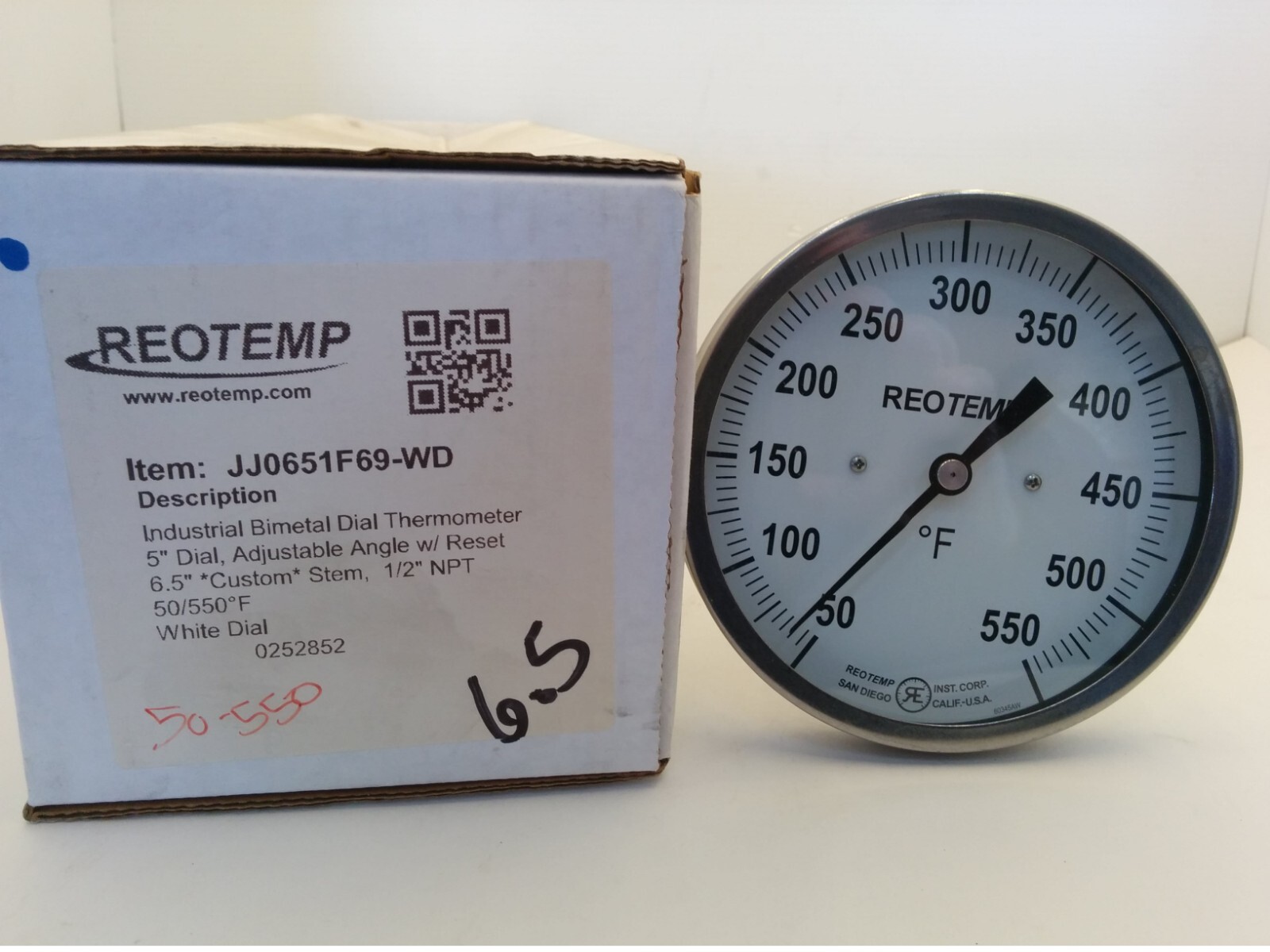 REOTEMP JJ0651F69-WD INDUSTRIAL BIMETAL DIAL THERMOMETER, 5" DIAL, 50 ...