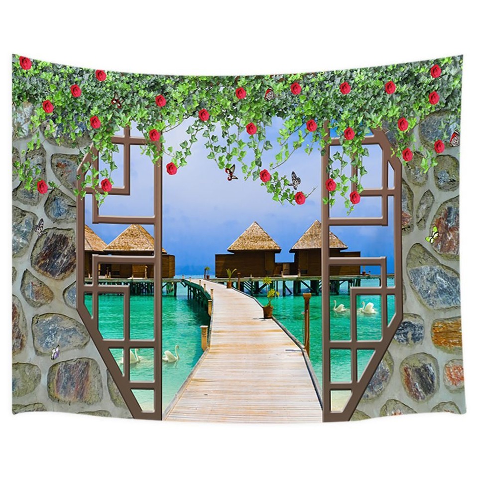 Sea Beach Window Tapestry Wall Hanging Large Fabric Hawaiian Tropical ...