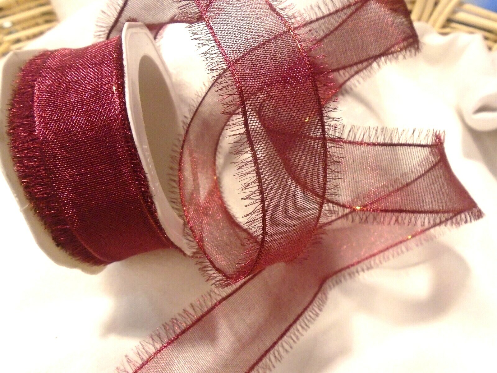 1-1/2" WIDE SHEER DARK RED WIRED RIBBON WITH FRINGE - BTY - made in ...
