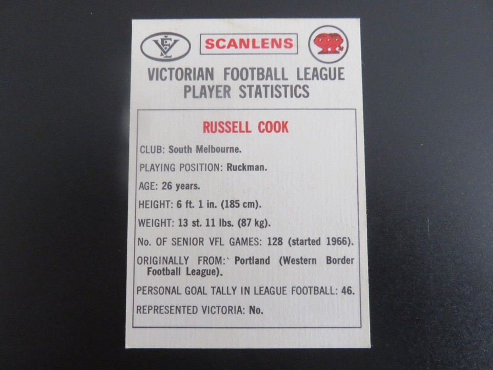 1974 SCANLENS VFL CARD. #90 RUSSELL COOK. NEAR MINT. | eBay Australia