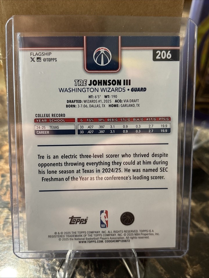 Tre Johnson III 2025-26 Topps Rookie Card RC #206 Washington Wizards | eBay