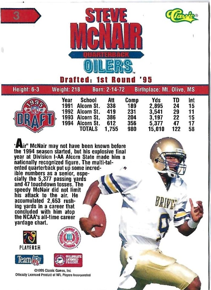 1995 Classic Draft Steve McNair -Houston Oilers | eBay
