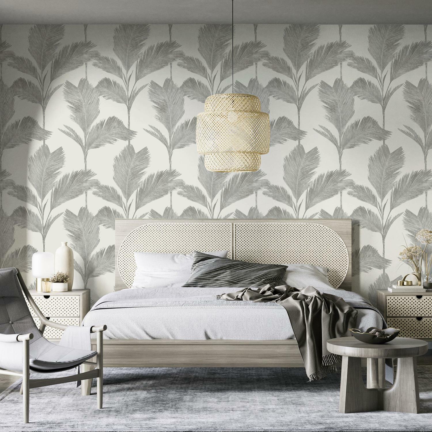 Belgravia Alessia Large Palm Leaf Vinyl Wallpaper Metallic Silver ...