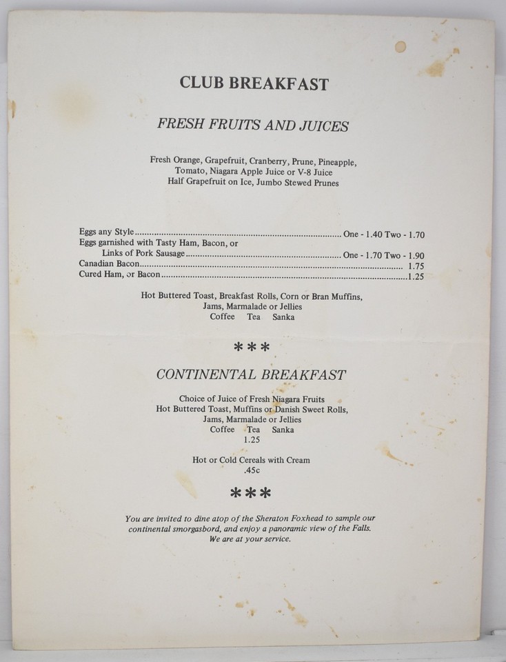 1950s Sheraton Foxhead Hotel Restaurant Menu 5875 Falls Avenue Niagara ...