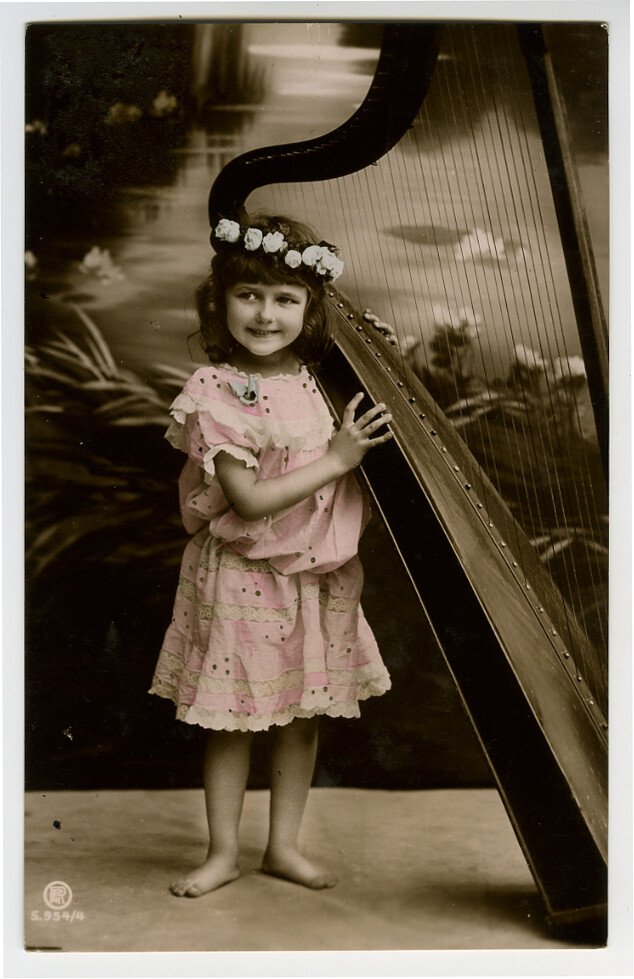 c 1911 Children Child Little GIRL w/ BIG HARP vintage photo postcard | eBay