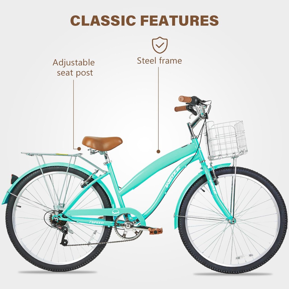 WEIZE Beach Cruiser Bike 26" Commuter Bicycle 7 Speed Adult Men Women ...