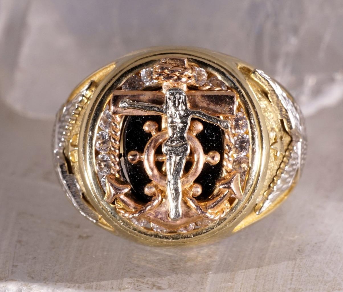 Naval Crucifix Men's Diamond Ring 14K Multi-Tone Gold… - Gem