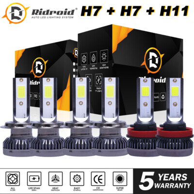 H7+H7+H11 Combo Mini LED Headlight Bulb Hi/Lo Beam Fog Light 90000LM ...