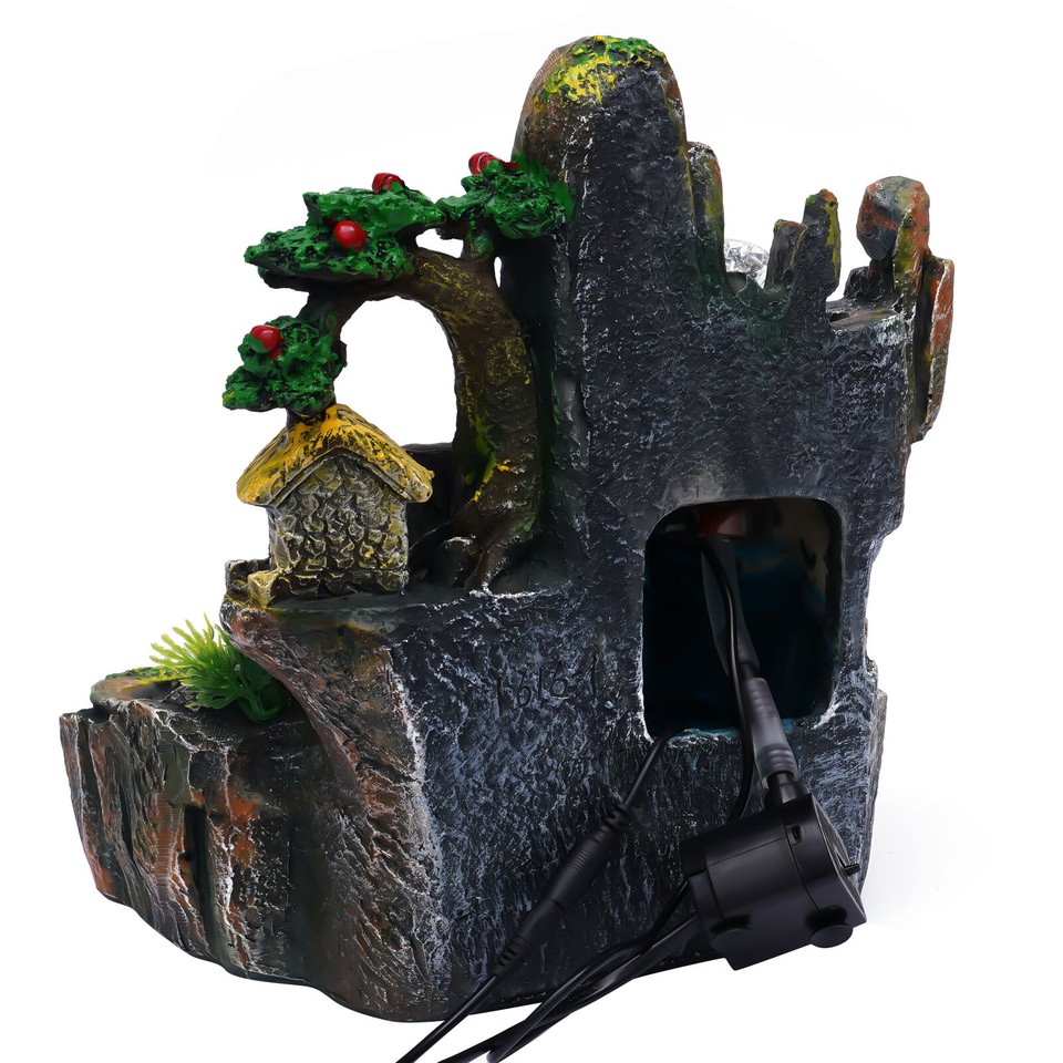 Desktop Fountain Rock Waterfall Humidifier with Artificial Tree and LED ...
