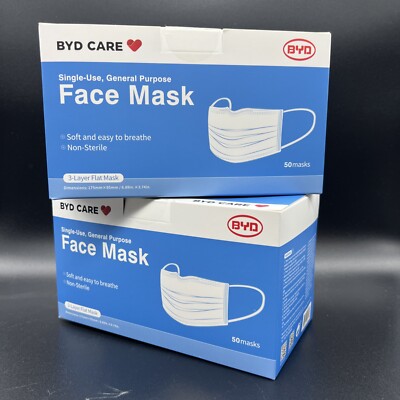 2x Boxes BYD CARE Surgical Face Flat Mask Disposable Single Use 50 pcs ...
