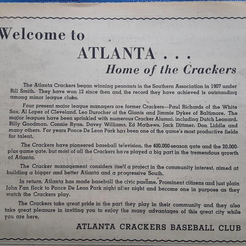 Atlanta Crackers Baseball Club 1954 Southern Association Welcome To ...