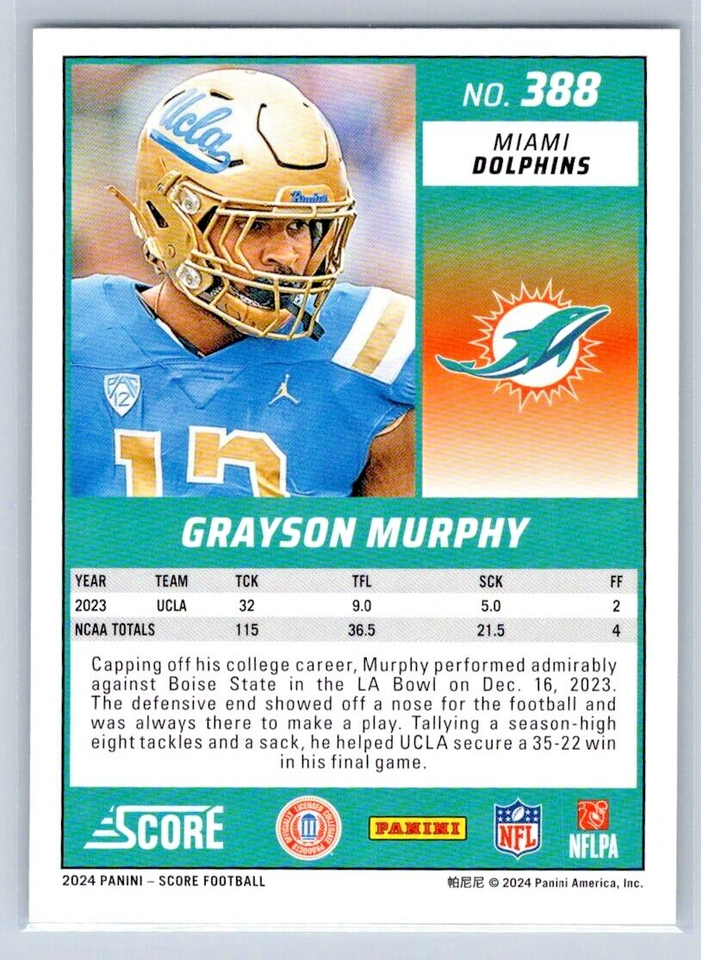 2024 Score Football - Grayson Murphy - Miami Dolphins - RC - #388 | eBay