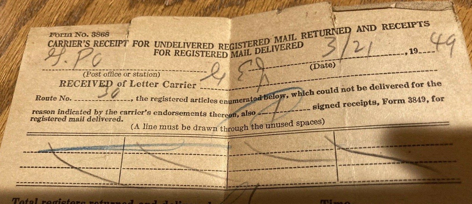 USPS Form 3868 Carrier's receipt for undelivered registered mail ...