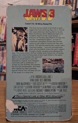 Jaws 3 VHS 1983 Horror Louis Gossett Jr. Dennis Quaid Rare MCA Home ...