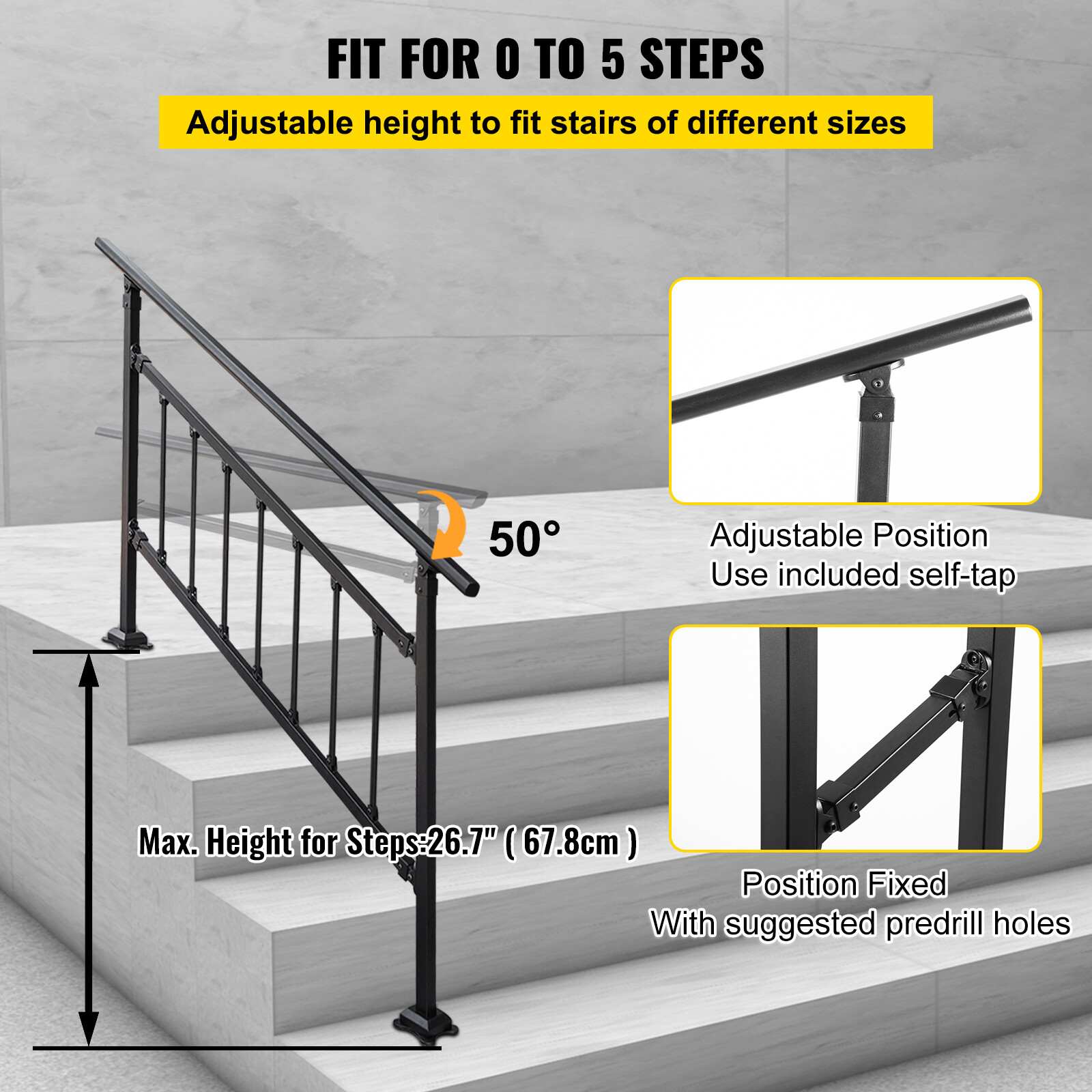 VEVOR Iron Handrail Stair Railing Hand Rail Kit 0-5 Steps Outdoor Black ...