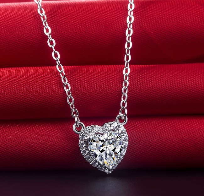 Heart Cut Lab-Created Moissanite Pendant Chain Halo Heart Shape 14k ...
