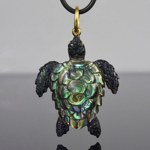 Sea Turtle Pendant Carved Abalone Shell Gold Vermeil Sterling Silver ...