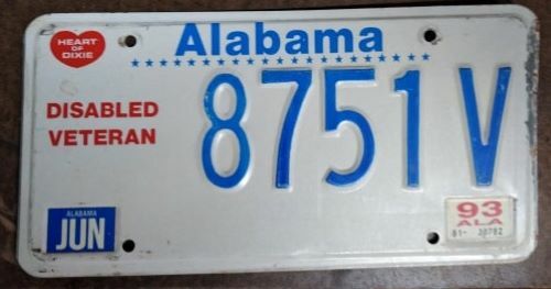 Alabama 1993 expired Disabled Veteran Auto/Car/License Plate ~ 8751V ...