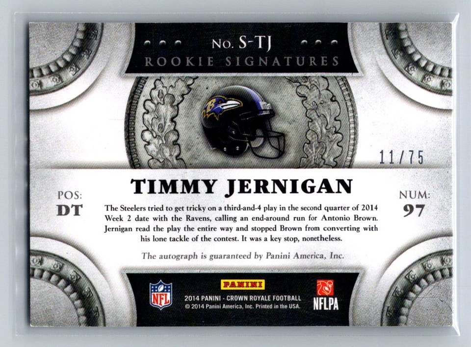2014 Panini Crown Royale #S-TJ Timmy Jernigan Rookie Signatures Bronze ...