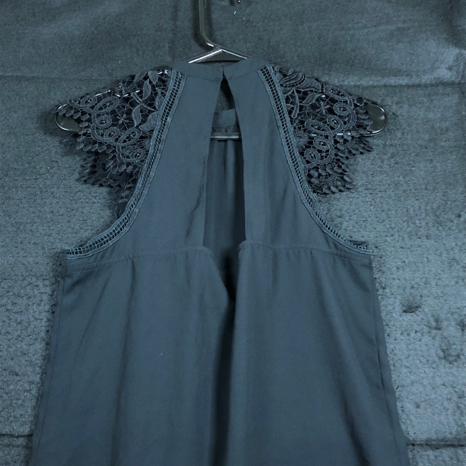 Express Womens Blouse Black Crew Neck Lace Cap Short Sleeve Small | eBay