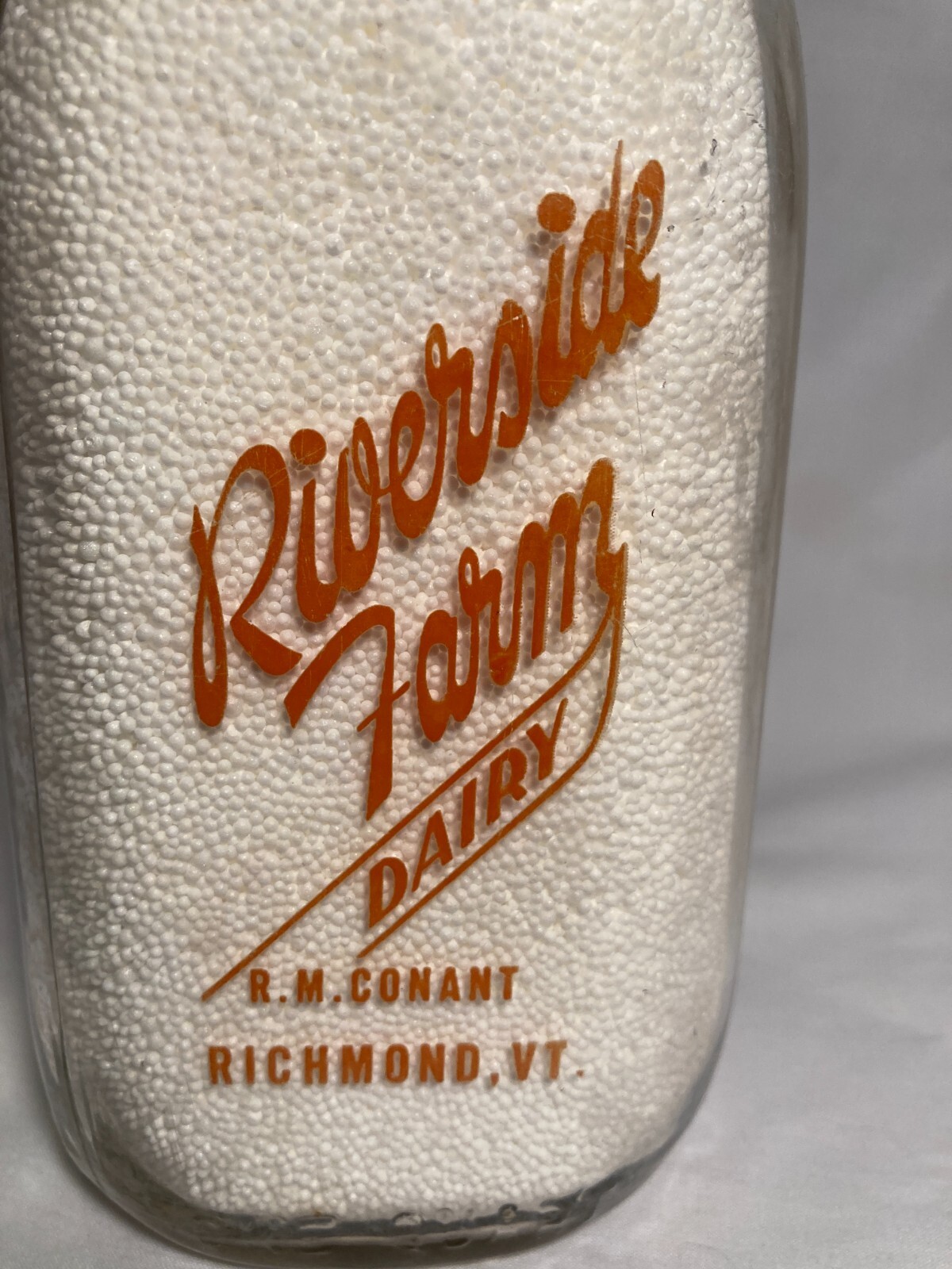 1954 Riverside Farm Dairy Richmond, VT., tall square quart pyro Milk ...