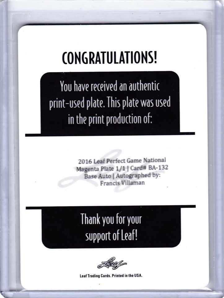 Francis Villaman 2016 Leaf Perfect Game Plate & Proof Autos 1/1 | eBay