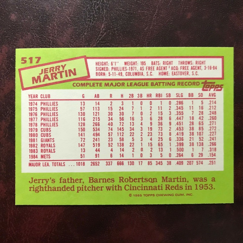 1985 Topps TIFFANY Set JERRY MARTIN #517 N.Y. METS ** MINT ** HIGH ...