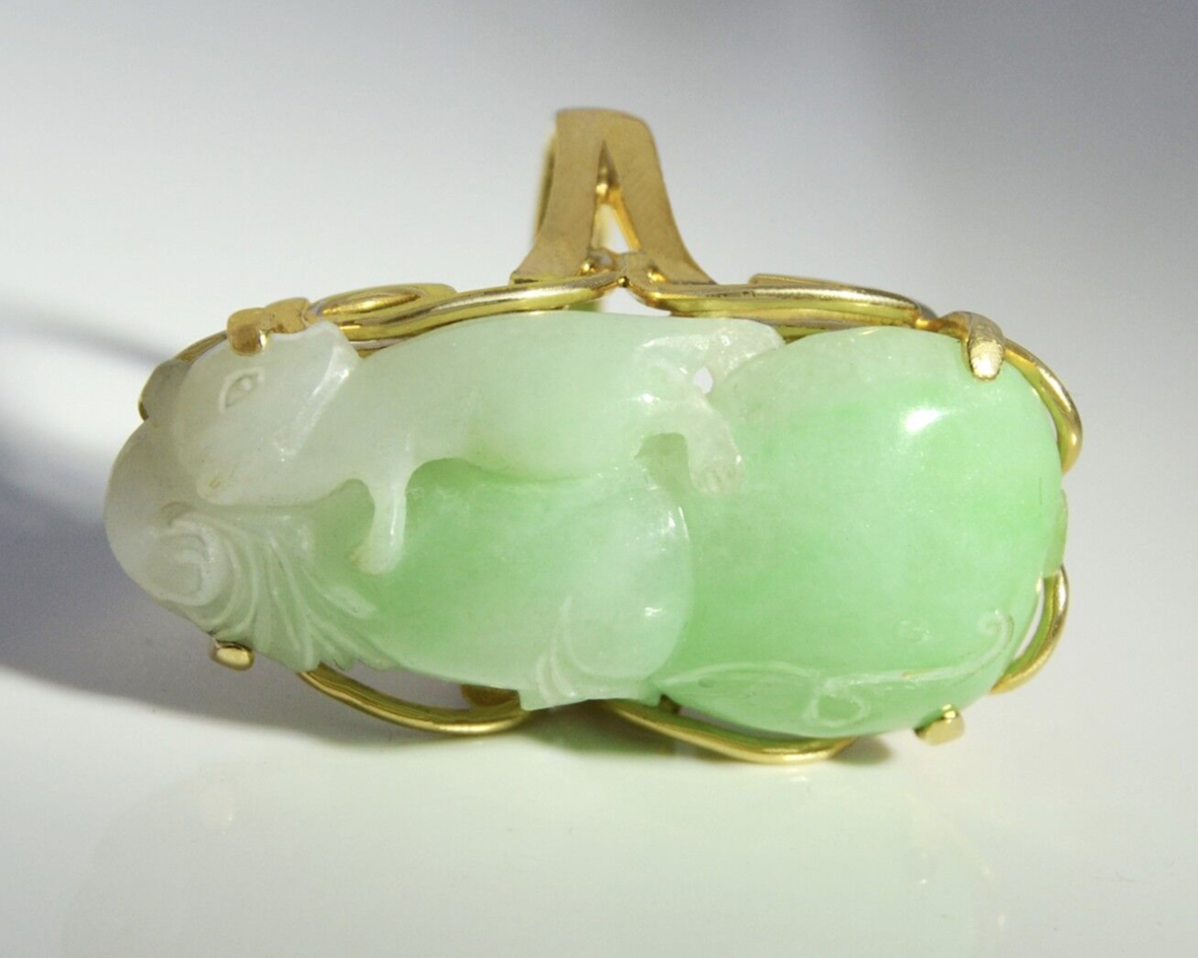 Estate 2 tone A JADEITE Carved Shu Rat Gourd Cabochon 14k 585 Gold RING ...