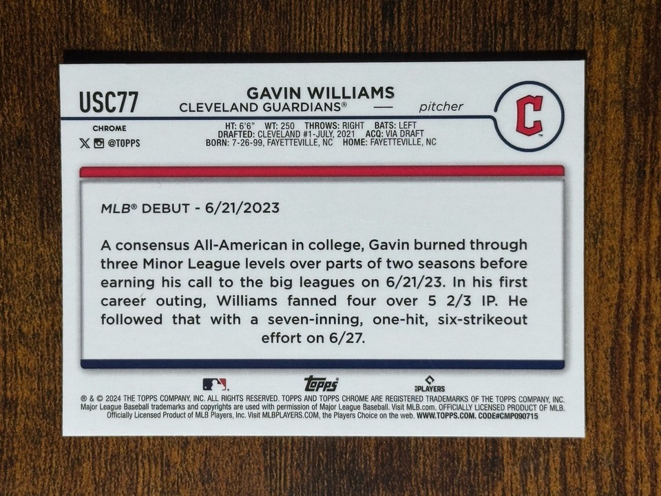 2024 Cleveland Guardians ROOKIE DEBUT Gavin Williams Topps Chrome ...